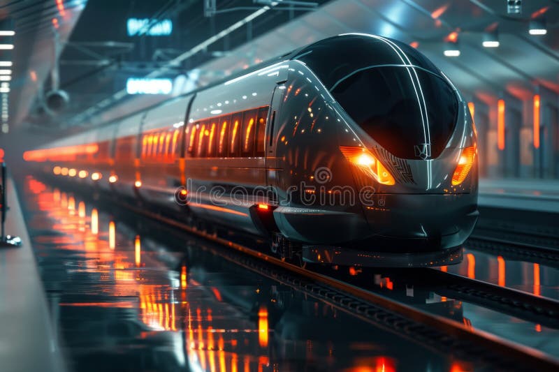 Futuristic Glowing Neon Train on Glossy Reflective Surface Stock ...