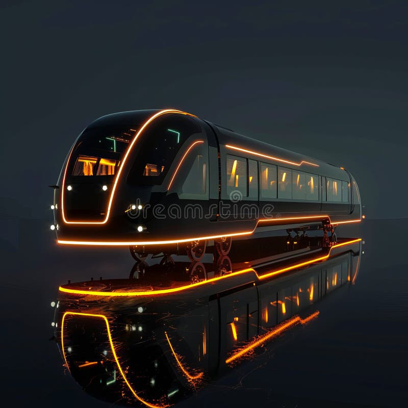 Futuristic Glowing Neon Train on Glossy Reflective Surface Stock ...