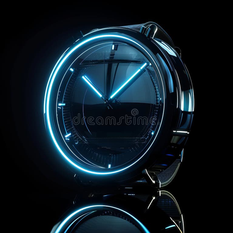 Futuristic Glowing Neon Watch Clock on Glossy Reflective Surface Stock ...