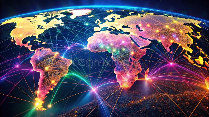 A Futuristic Glowing Neon World Map Visualization an Aerial Perspective ...