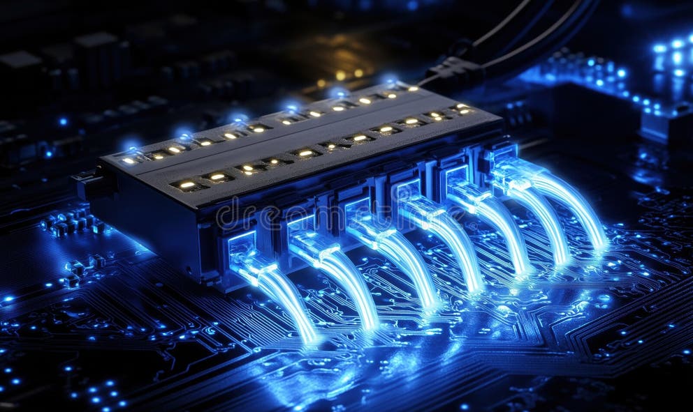 Futuristic Glowing Network Switch with Illuminated Cables on a Circuit ...