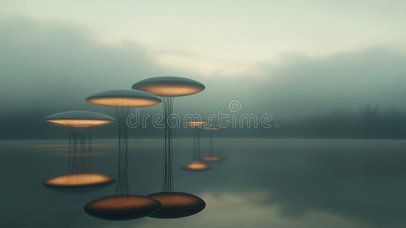 Futuristic Glowing Objects Hovering Over Tranquil Water during Dawn in ...