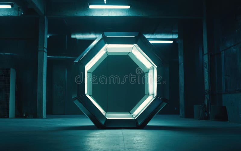 A Futuristic Glowing Octagonal Structure Stands in a Dimly Lit ...