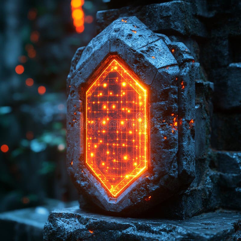 Futuristic Glowing Orange Artifact Embedded in Ancient Stone. Stock ...