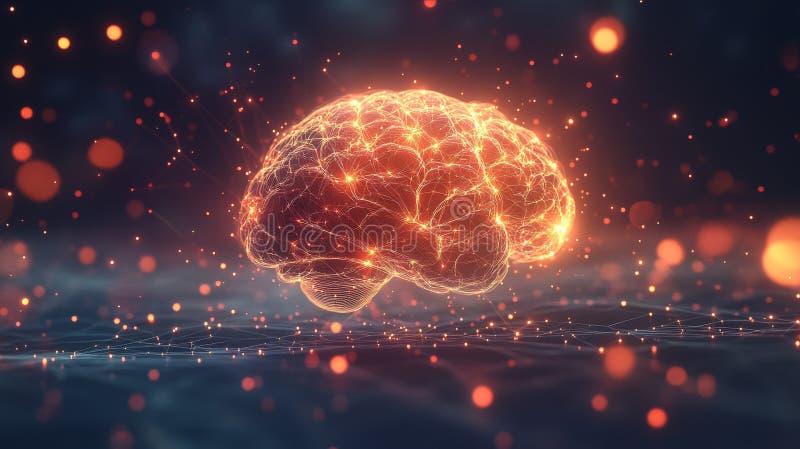 Futuristic Glowing Orange Brain in Digital Network Stock Illustration ...