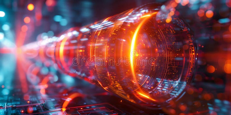 Futuristic Glowing Orange Cylinder with Digital Circuits and Neon ...