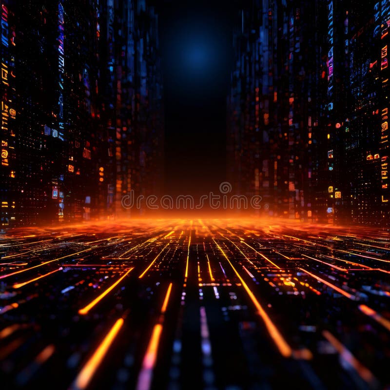 Futuristic Glowing Orange Digital Landscape with Vertical Matrix ...
