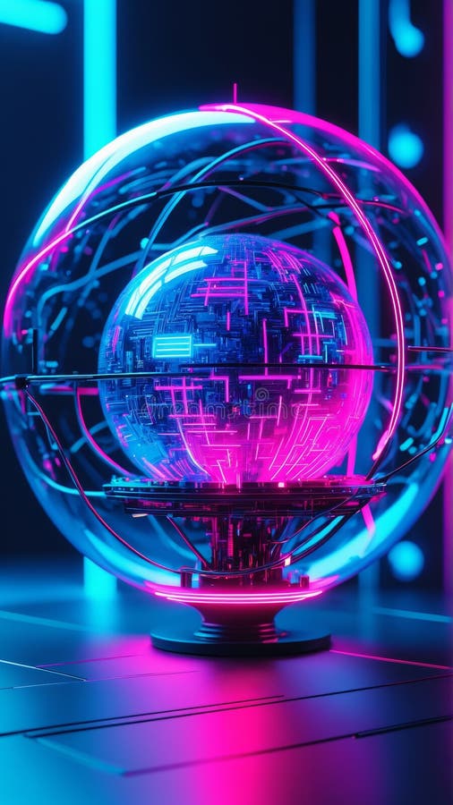 Futuristic Glowing Orb with Neon Lights and Digital Circuitry Stock ...
