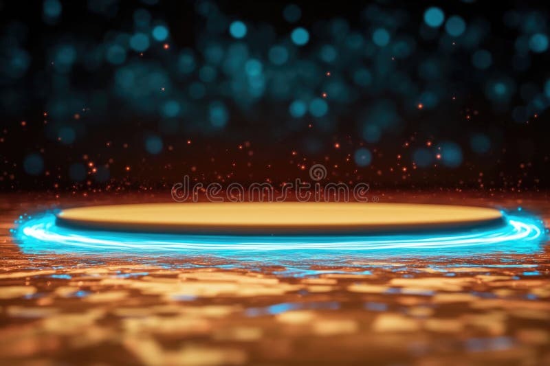 Futuristic Glowing Platform with Blue Bokeh Light Effects on Reflective ...