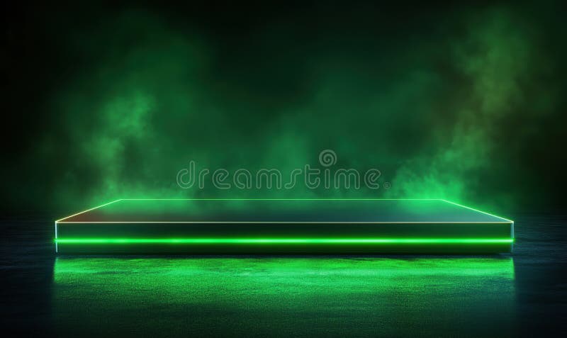 Futuristic Glowing Platform with Green Neon Lights and Misty Background ...