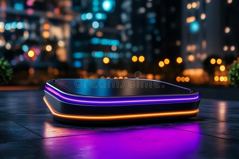 Futuristic Glowing Platform with Neon Lights Against Blurred Cityscape ...