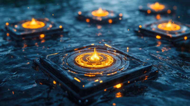 Futuristic Glowing Platforms on Water Surface at Night Stock ...