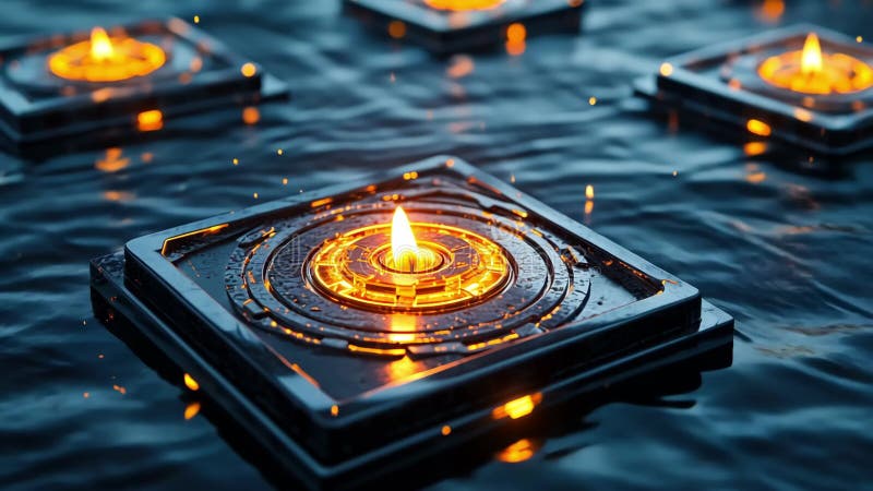 Futuristic Glowing Platforms on Water Surface at Night Stock Video ...