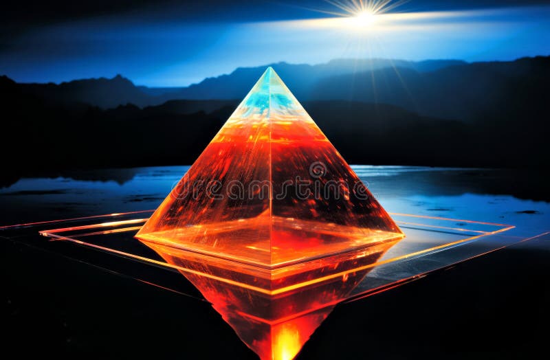 Futuristic Glowing Pyramid with Abstract Landscape and Sunburst Effect ...