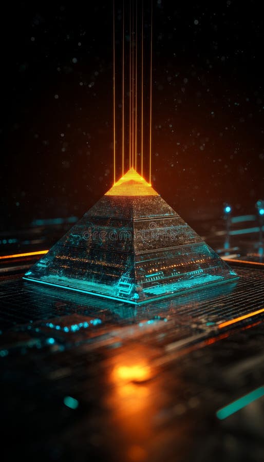 Futuristic Glowing Pyramid of Neon Blue and Orange Grids on a Tech ...