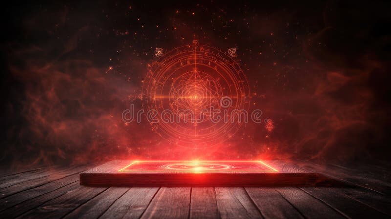Futuristic Glowing Red Hologram Interface on Wooden Surface with ...