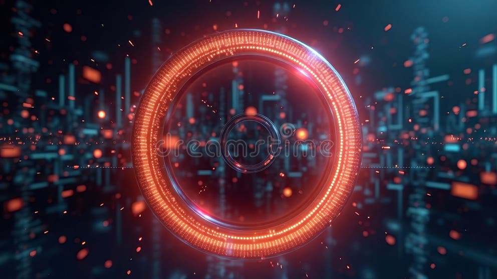 Futuristic Glowing Red Neon Ring with Digital Particles Stock Photo ...