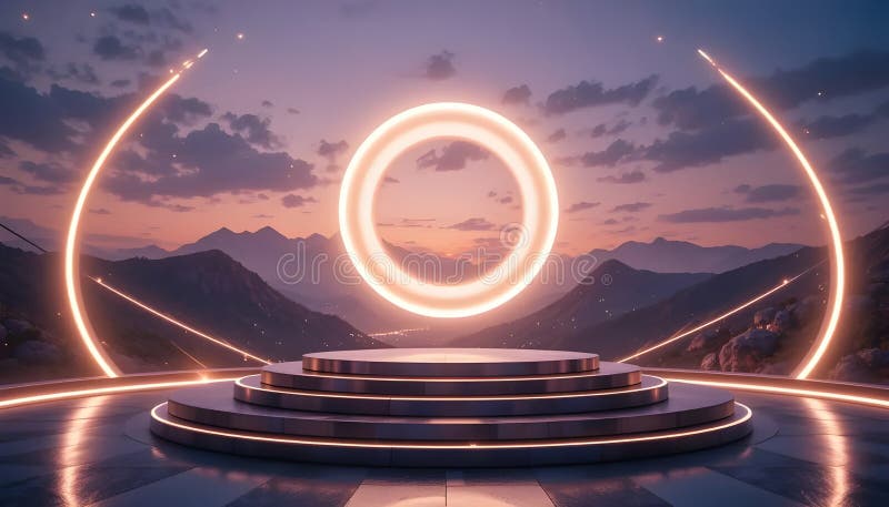 "Futuristic Glowing Ring Platform in Twilight Mountain Landscape" Stock ...