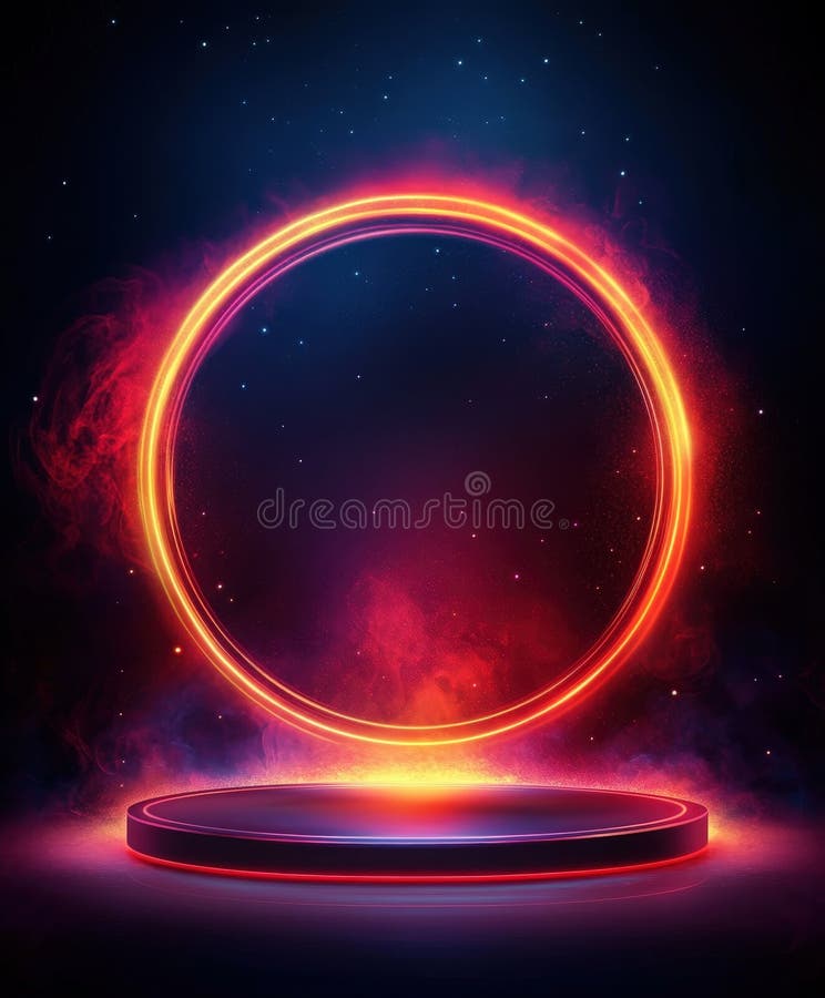 Futuristic Glowing Ring Stage with Smoke Background Stock Illustration ...