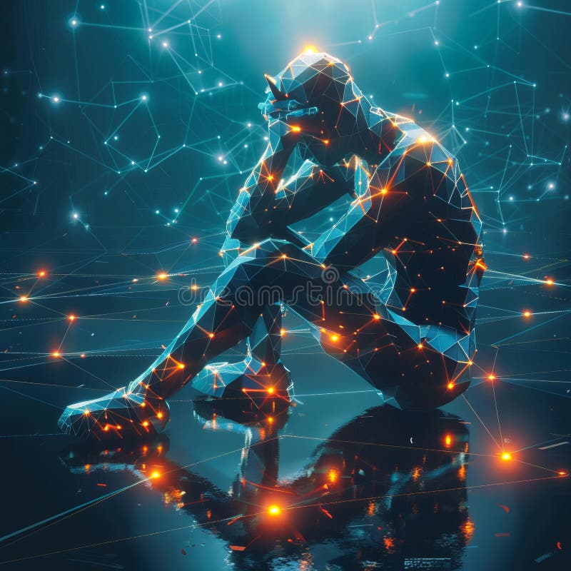 Futuristic Glowing Seated Thoughtful Digital Man of 3d Backlit ...