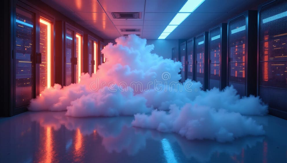 Futuristic Glowing Server Room with Cloud Smoke & Mist, Digital Cloud ...