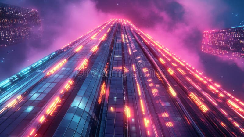 Futuristic Glowing Skyscraper at Night with View from Below Stock ...