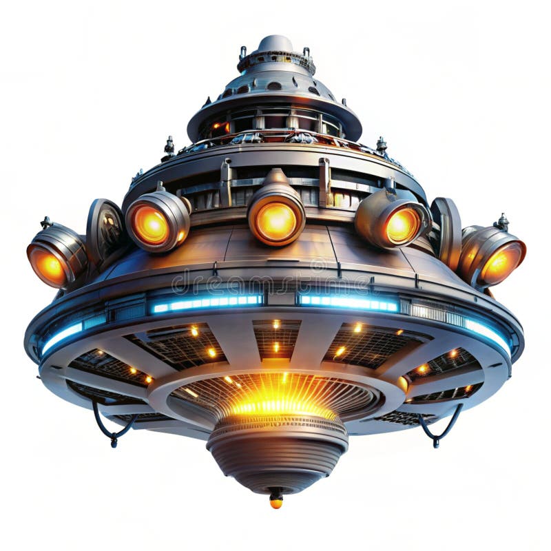 Floating Glowing Spaceship with Rotating Engines Stock Illustration ...