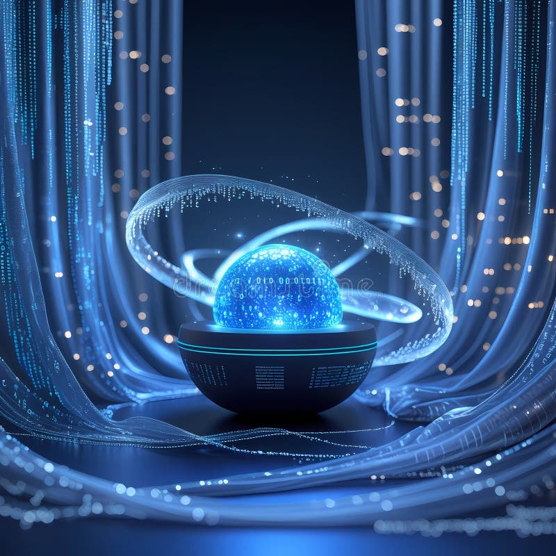 Futuristic Glowing Sphere Surrounded by Flowing Digital Data Streams Stock Illustration ...