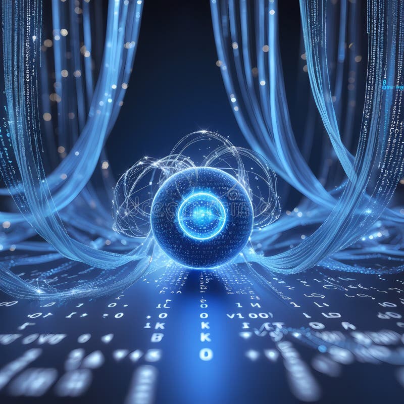 Futuristic Glowing Sphere Surrounded by Flowing Digital Data Streams ...