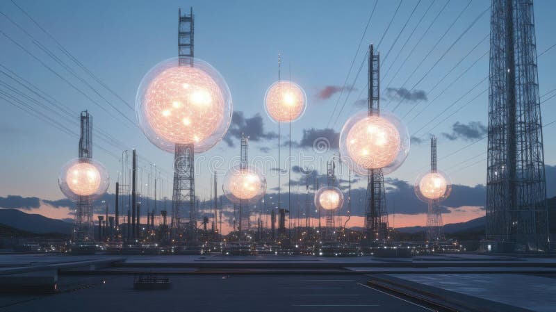 Futuristic Glowing Spheres Illuminate an Industrial Complex at Dusk ...