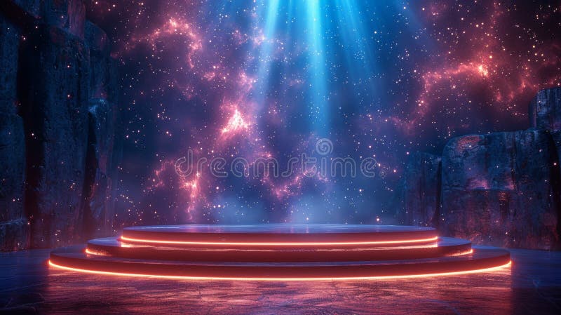 Futuristic Glowing Stage with Galaxy Background, Neon Lights Concept ...