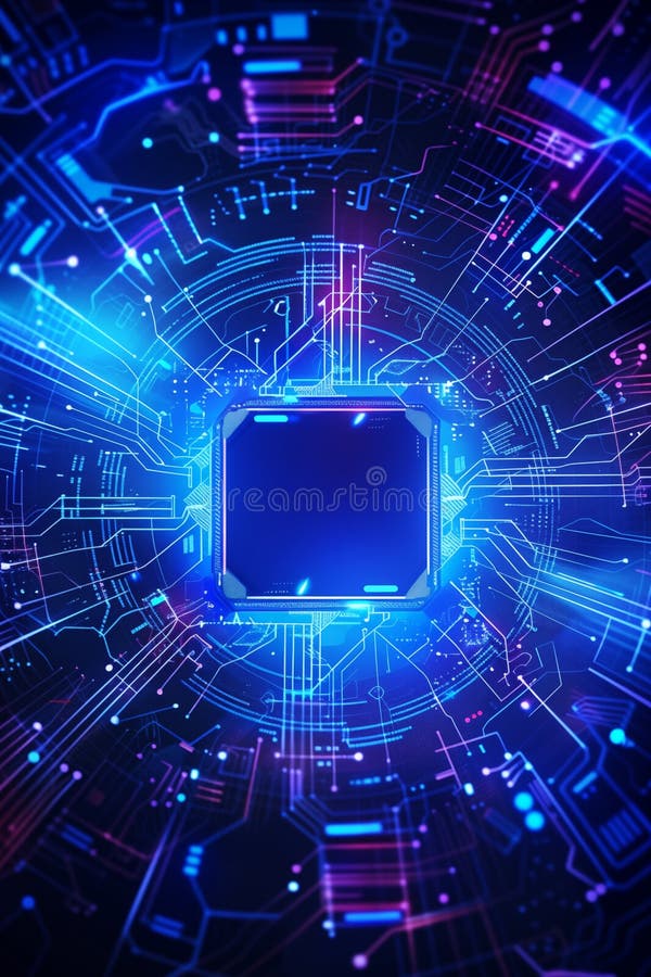 Futuristic Glowing Tech Circuitry Arranged Around Central Microchip ...