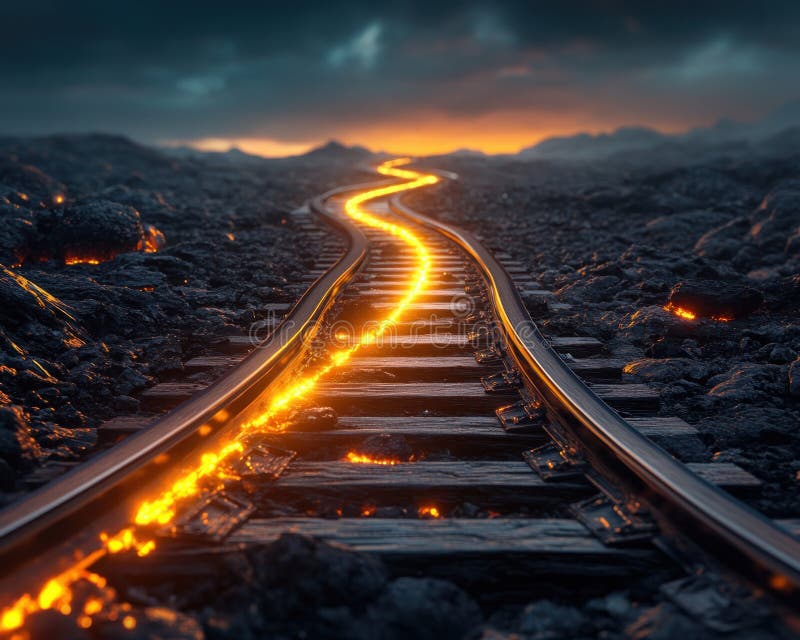 Futuristic Glowing Train Tracks Splitting into Multiple Pathways a ... Futuristic Glowing Train Tracks Splitting into Multiple Pathways a ...