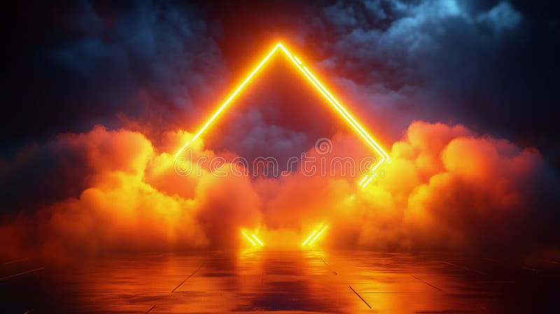 Futuristic Glowing Triangle with Neon Lights and Fog Stock Illustration ...
