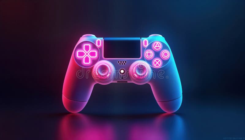 Futuristic Glowing Video Game Controller with Vibrant Blue, Pink Neon ...