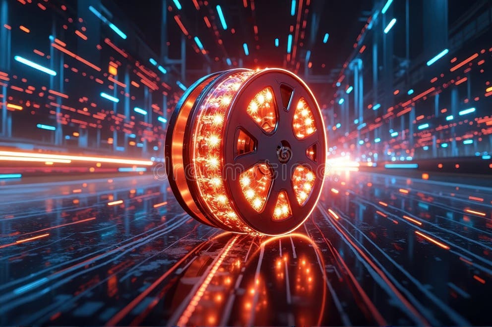 Futuristic Glowing Wheel in Neon Light Technology Setting Stock ...
