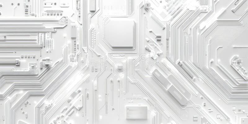 A Futuristic Glowing White Circuit Board with Holographic Elements for Tech Digital Design and ...