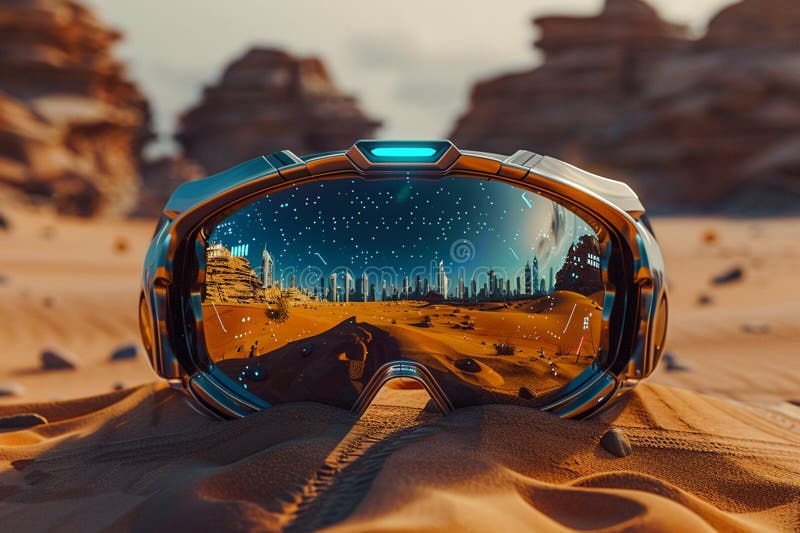 Futuristic Goggles with HUD Reflection Resting on Desert Sand, Modern ...