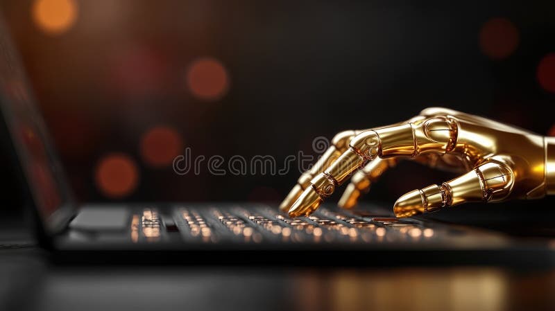 Futuristic Gold Robotic Hand Typing on Keyboard with Bokeh Background ...
