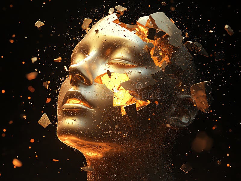 A Futuristic Gold Statue of a Human Head Disintegrating into Small ...