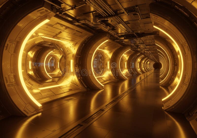 Futuristic Gold Tunnel with Glowing Lights Stock Illustration ...
