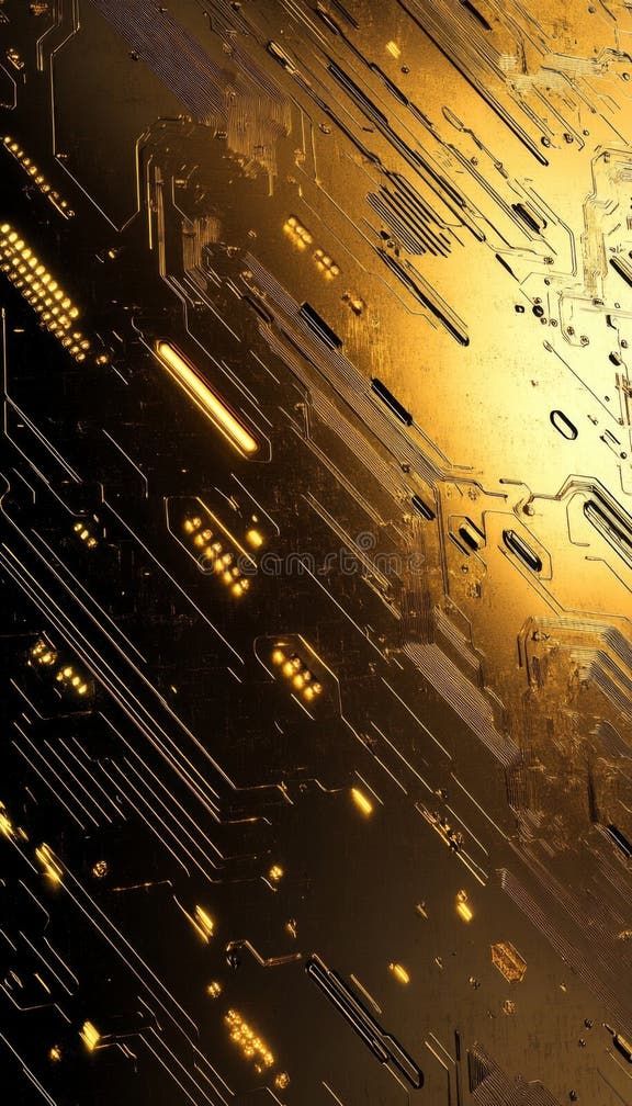 Futuristic Golden Circuit Board Design with Glowing Elements Stock ...