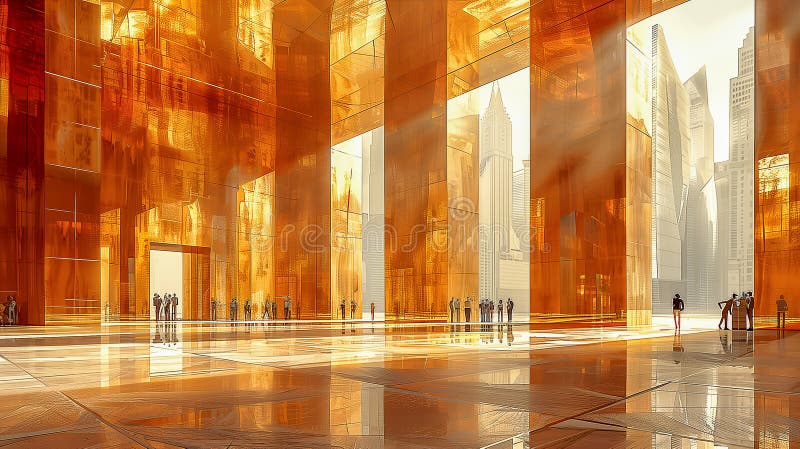 Futuristic Golden Cityscape with Towering Glass Structures Stock ...