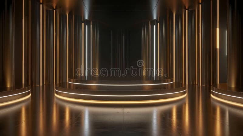 Futuristic Golden Hallway with Illuminated Columns and Reflective ...