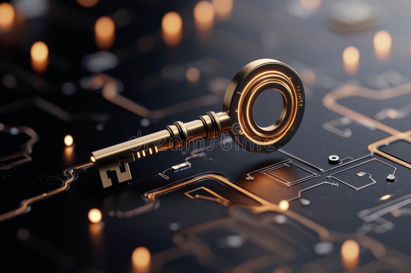 Futuristic Golden Key with Glowing Circuits Placed on a Glossy Dark ...