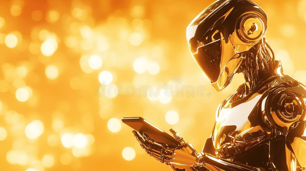 Futuristic Golden Robot Interacting with Digital Tablet in a Glowing ...