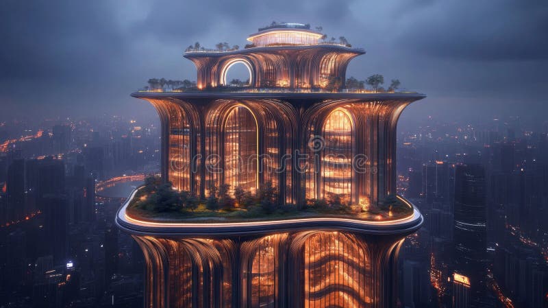 Futuristic Golden Tower Cityscape at Night Stock Illustration ...