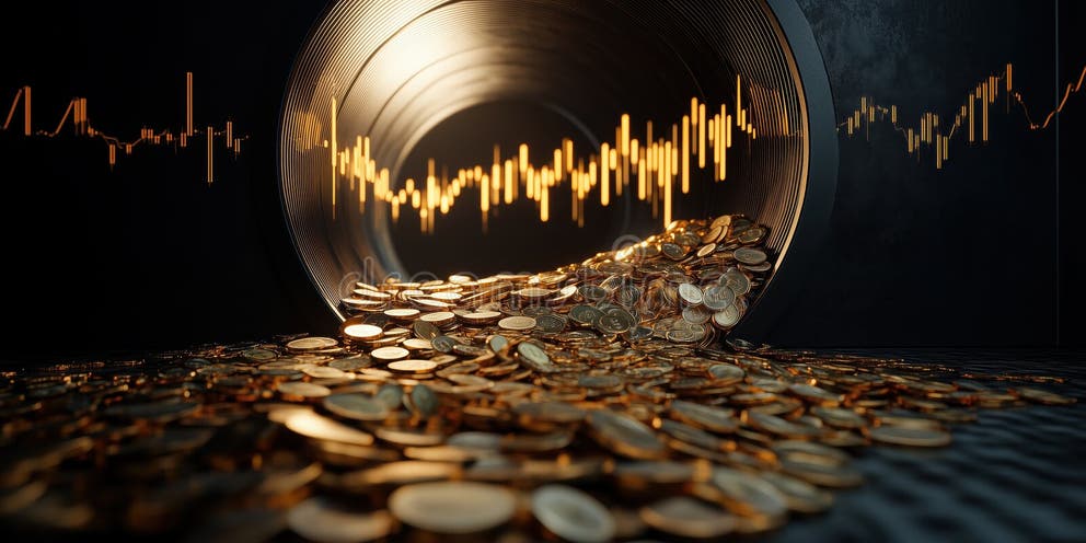 Futuristic Golden Vault Overflowing with Coins and Financial Data Visualization Stock ...