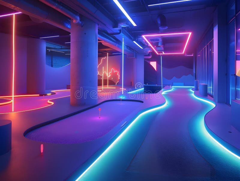 Futuristic Golf Course with Holographic Elements and Neon Lighting ...