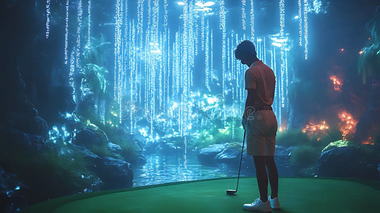 Futuristic Golf Putting, Glowing Cave, Virtual Reality Stock ...